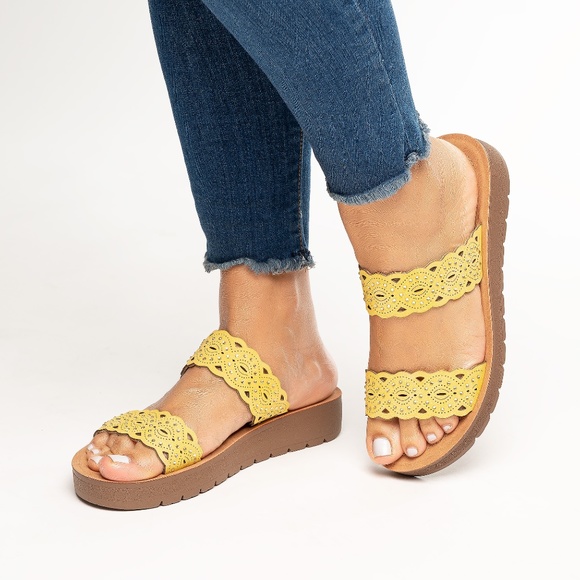 Soda | Shoes | Vienna Yellow Laser Cut Embellished Flat Slide Sandals ...